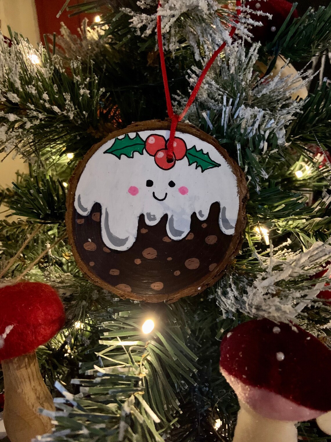 Hand Painted Christmas Pudding Decoration, Wood Slice Art, Cute Quirky ...
