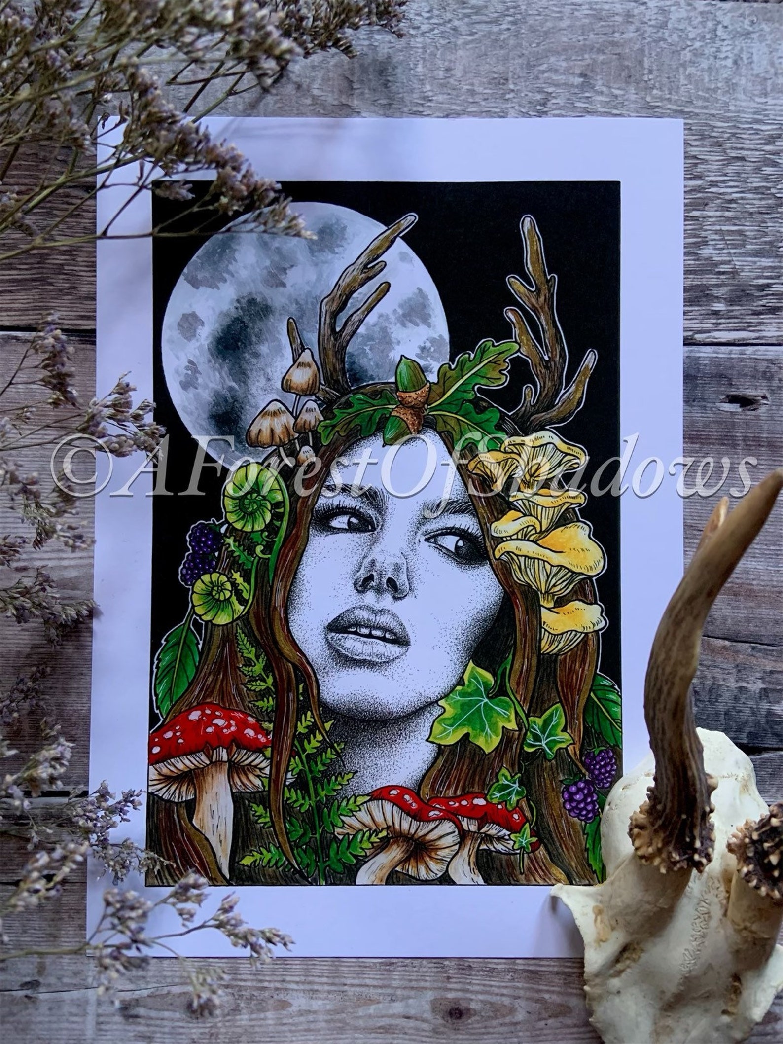 Dryad Pagan Goddess A4 Art Print, Mushroom Art, Full Moon Print ...