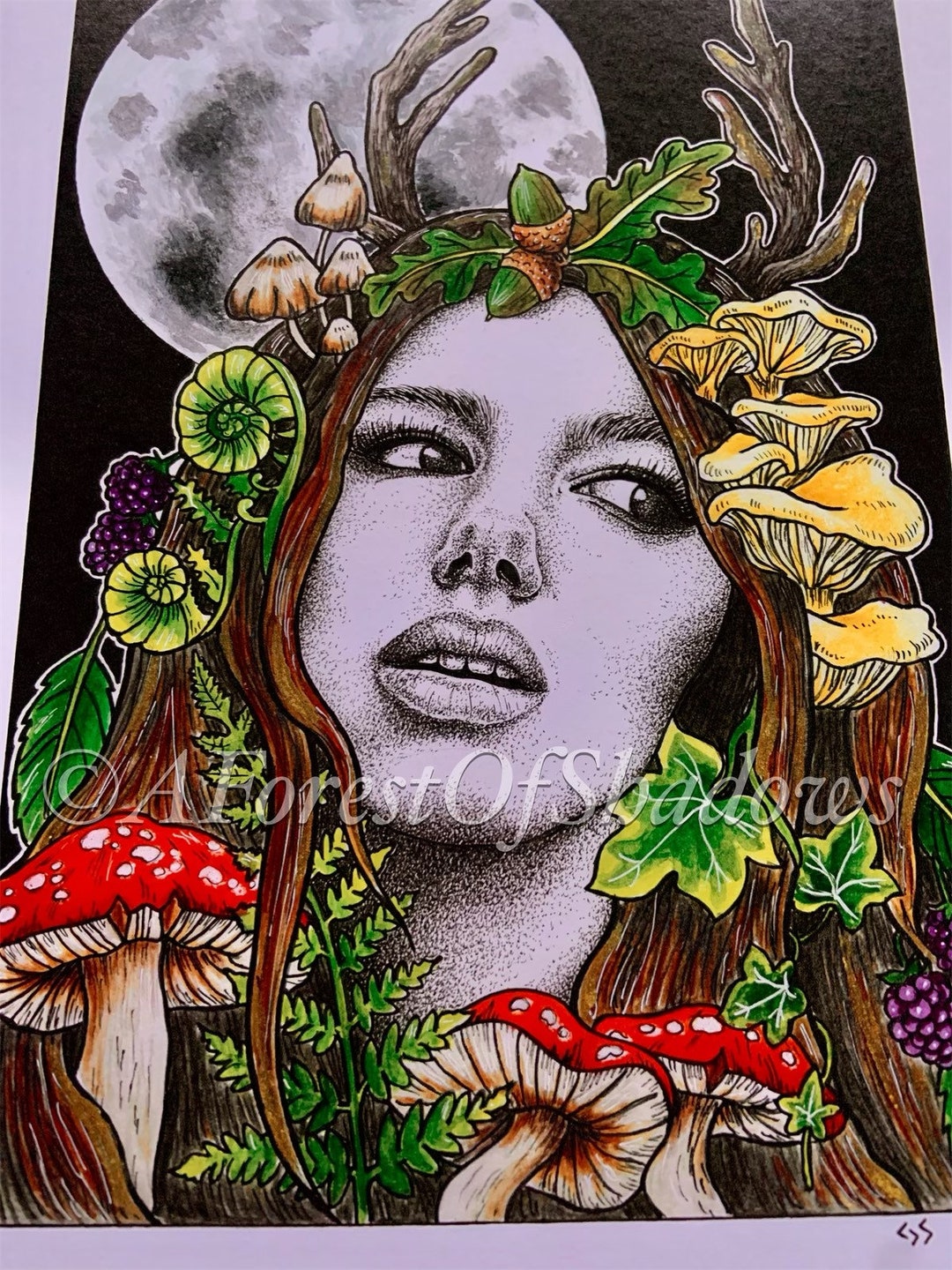 Dryad Pagan Goddess A4 Art Print, Mushroom Art, Full Moon Print ...