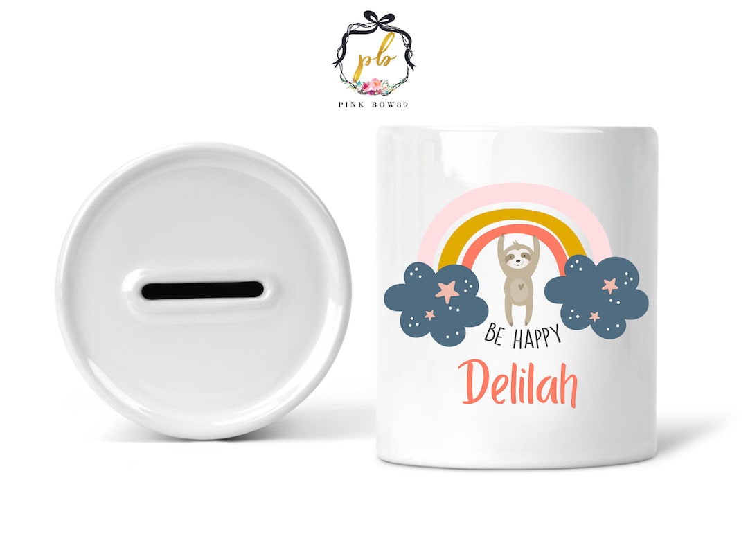 Personalised Boho Rainbow Sloth Money Jar , Ceramic Money Box , Rainbow ...