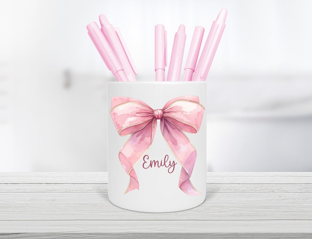 Personalized Pink Bow Pen Pot, Ceramic Desk Pot, Teacher Storage, Pen ...