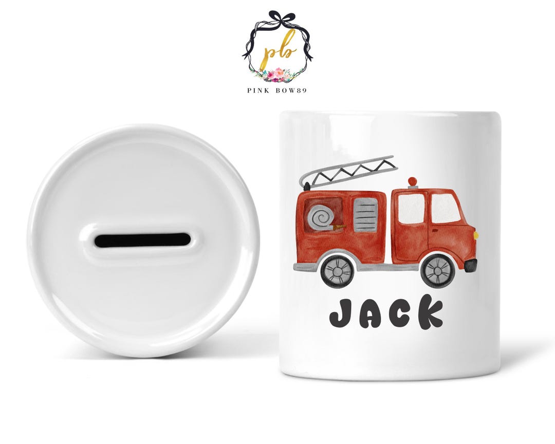 Personalized Fire Truck Money Jar, Ceramic Money Box, Fire Truck Money ...