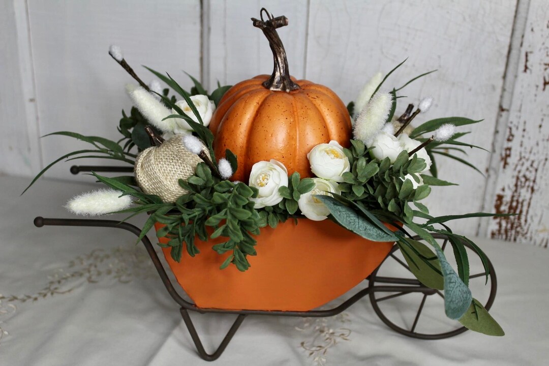 Fall Wheelbarrow Centrepiece - Orange Pumpkin Floral Arrangement ...
