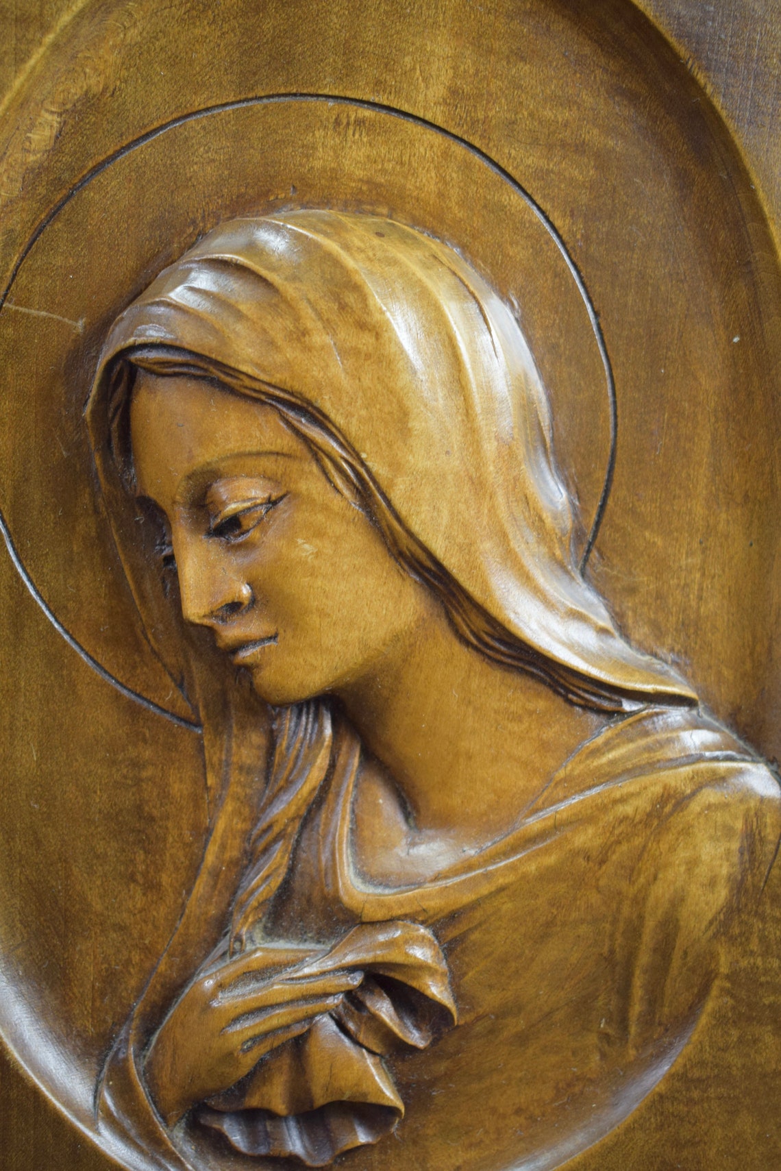 Hand Carved Wood Virgin Mary Face Sculpture by Bastian - Etsy