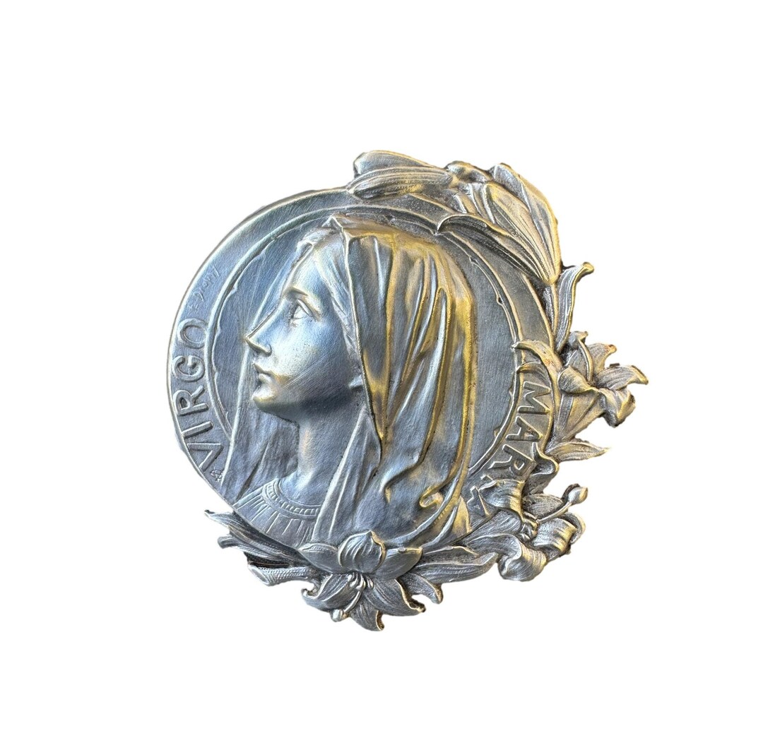 Virgin Mary - French Art Nouveau Religious Standing Plaque by E. Dropsy ...