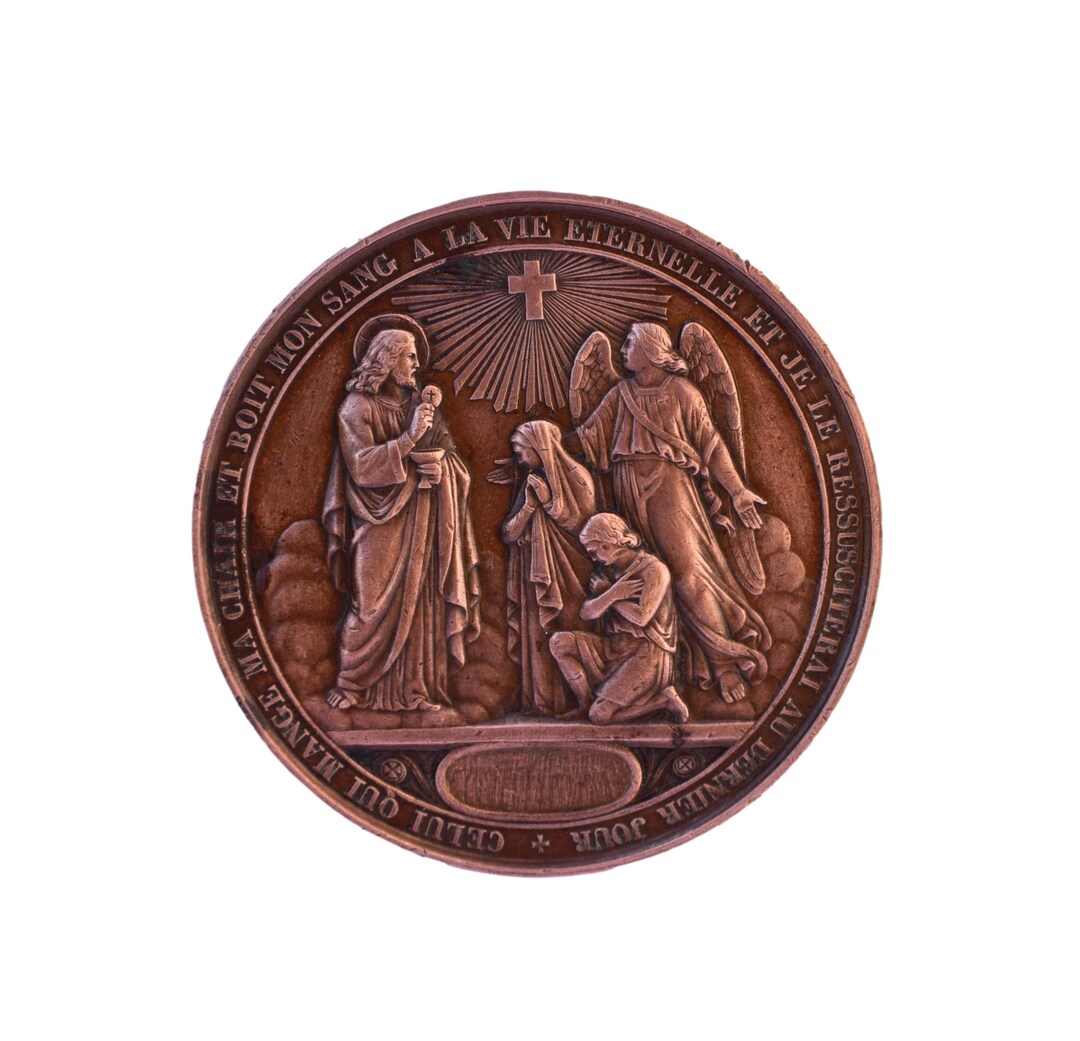 Rare Communion and Baptism Copper Medallion Medal by Alfred Borrel 1862 ...