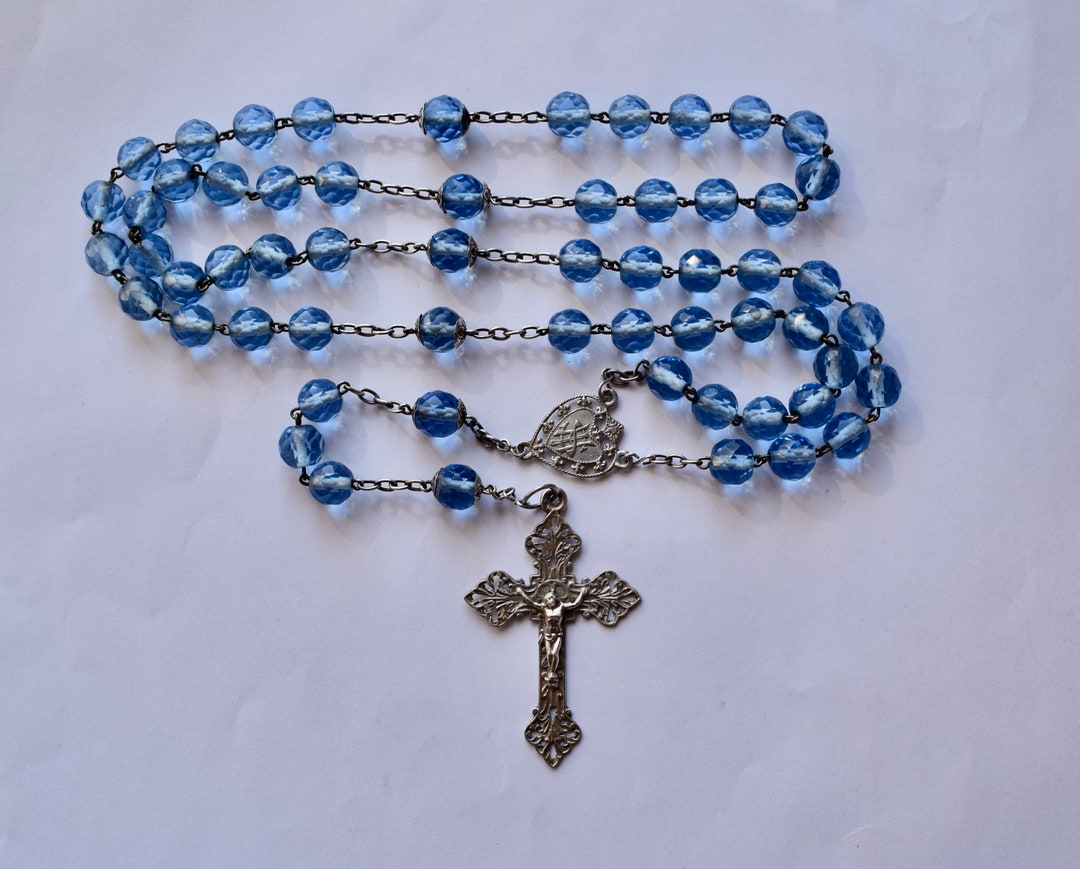 Large Antique Blue Glass Crystal Beads Sterling Silver Rosary - Etsy