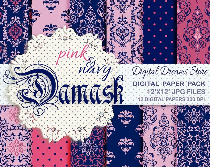 Damask Digital Paper: pink and NAVY Damask With Damask Background ...