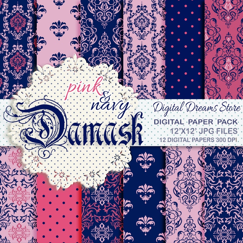 Damask Digital Paper: pink and NAVY Damask With Damask Background ...