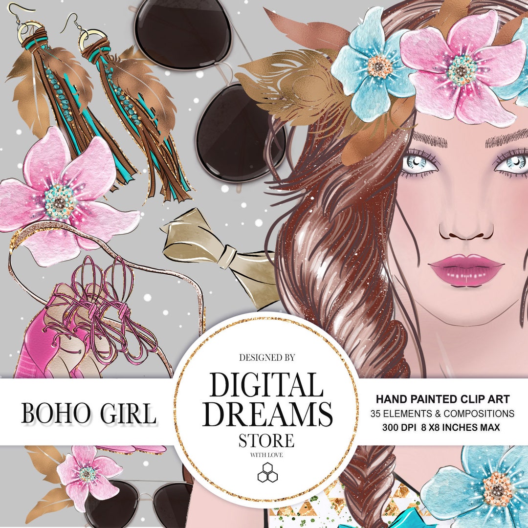 Boho Girl Clipart Boho Print Watercolor Hand Drawn Planner Girl ...