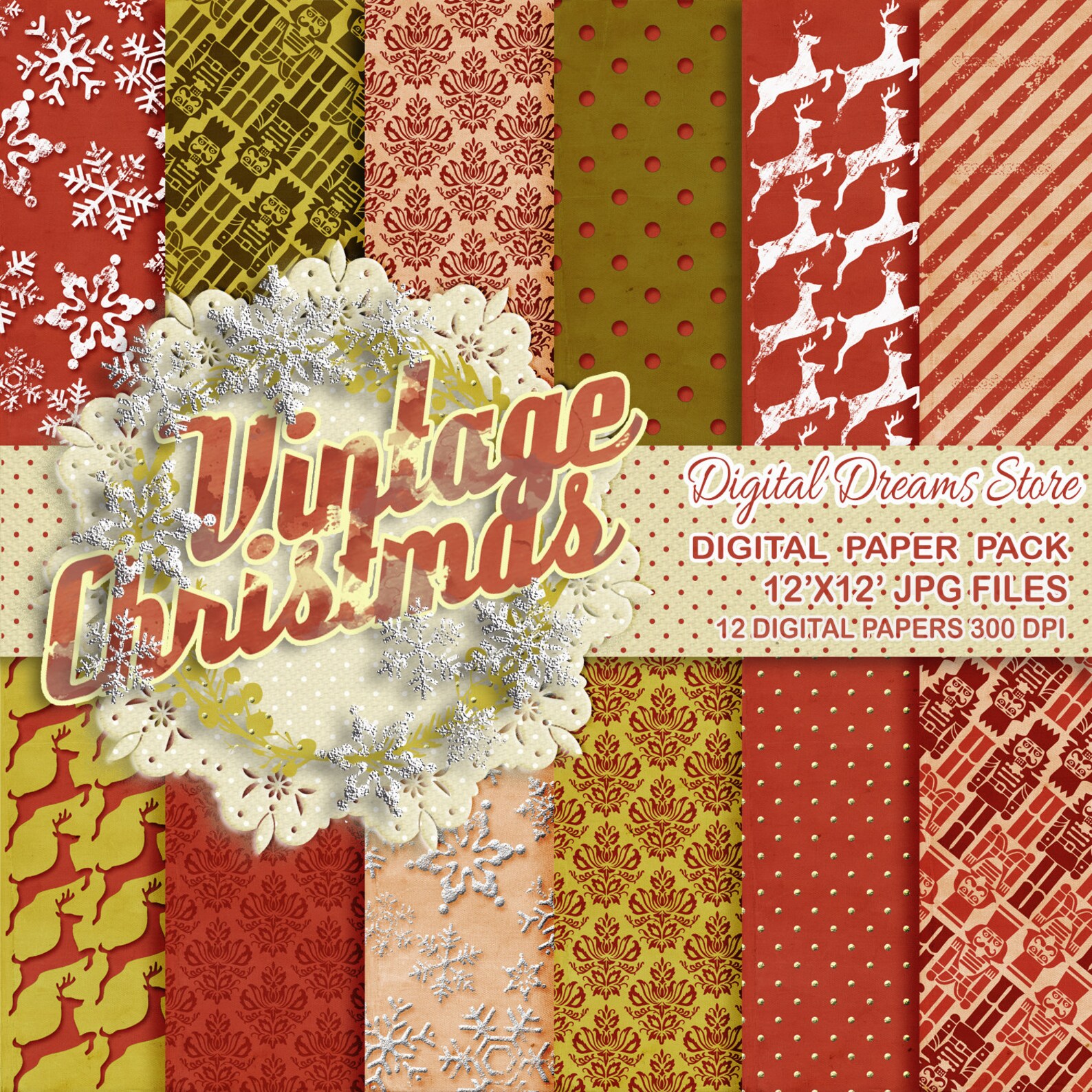 Christmas Digital Paper: "vintage Christmas" Christmas Digital ...