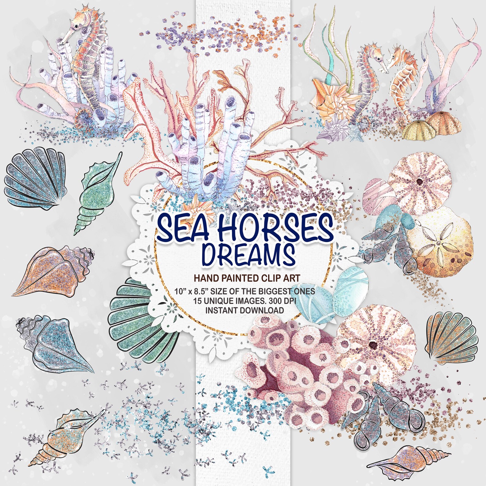 WATERCOLOR SEA CLIPART, Nautical Clipart, Seashells, Sea Horse, Coral ...