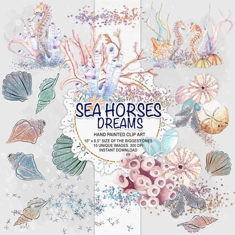 WATERCOLOR SEA CLIPART, Nautical Clipart, Seashells, Sea Horse, Coral ...