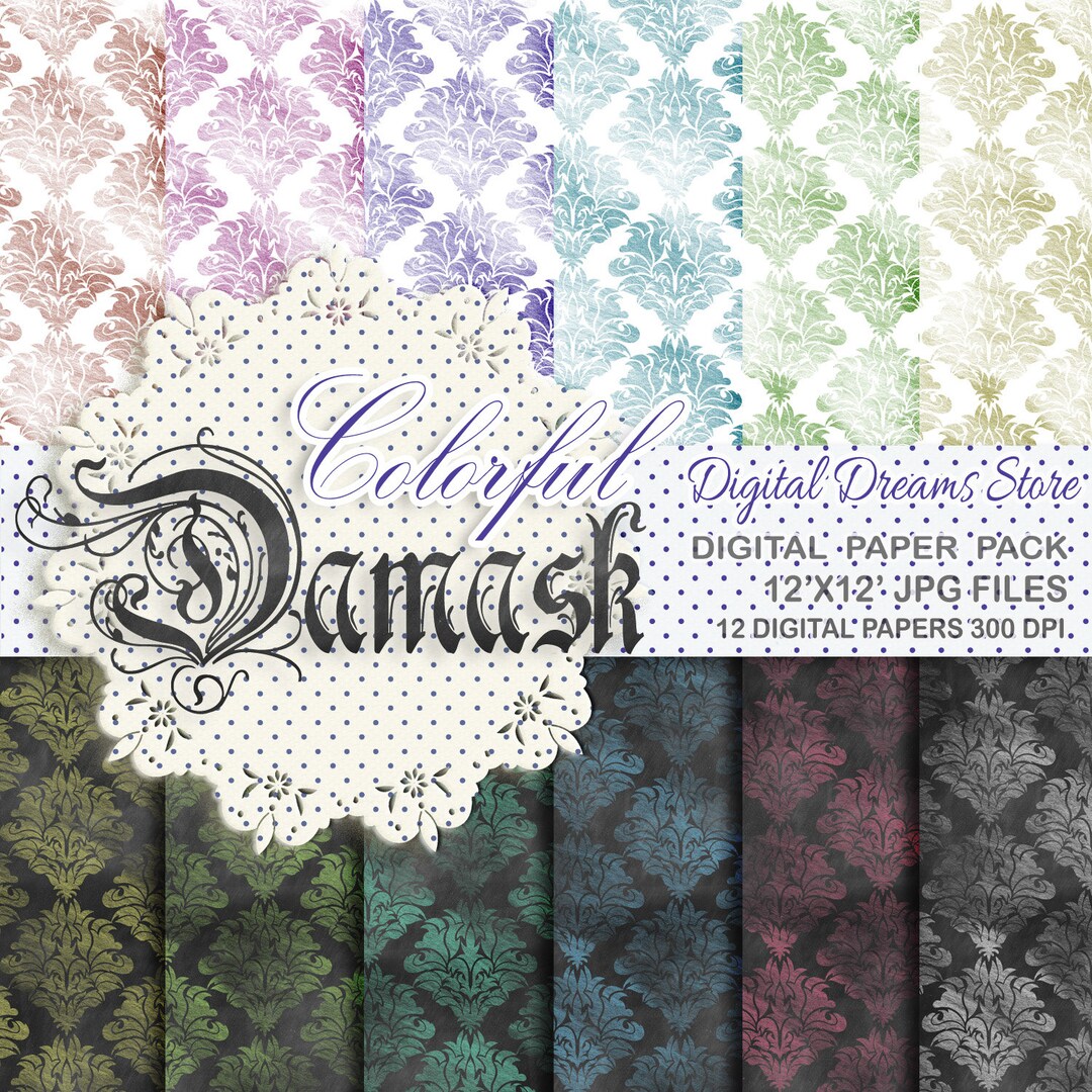 Damask Digital Paper: "colorful Damask" Seamless Patterns, Scrapbooking ...