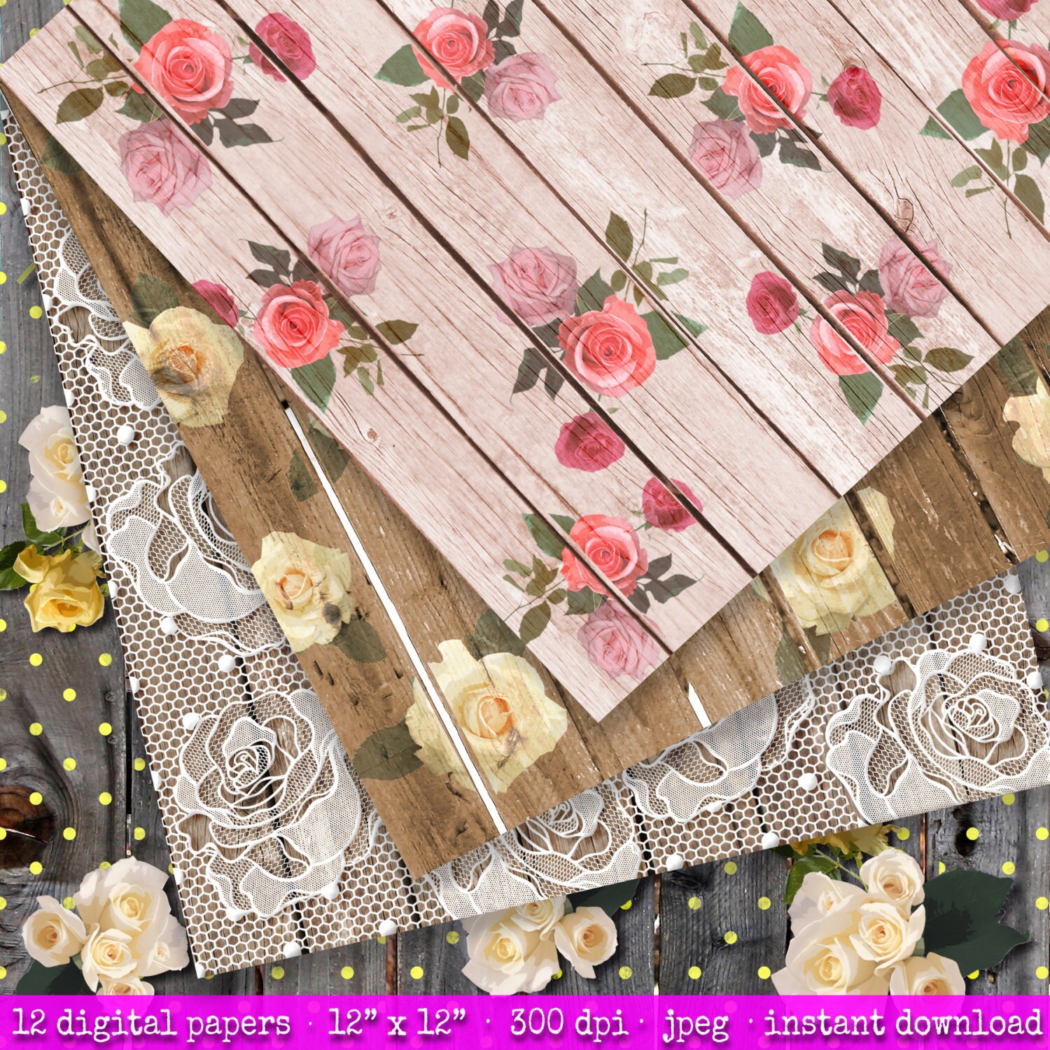 Wood Digital Paper: "vintage ROSES and Wood" With Wood Bacground ...