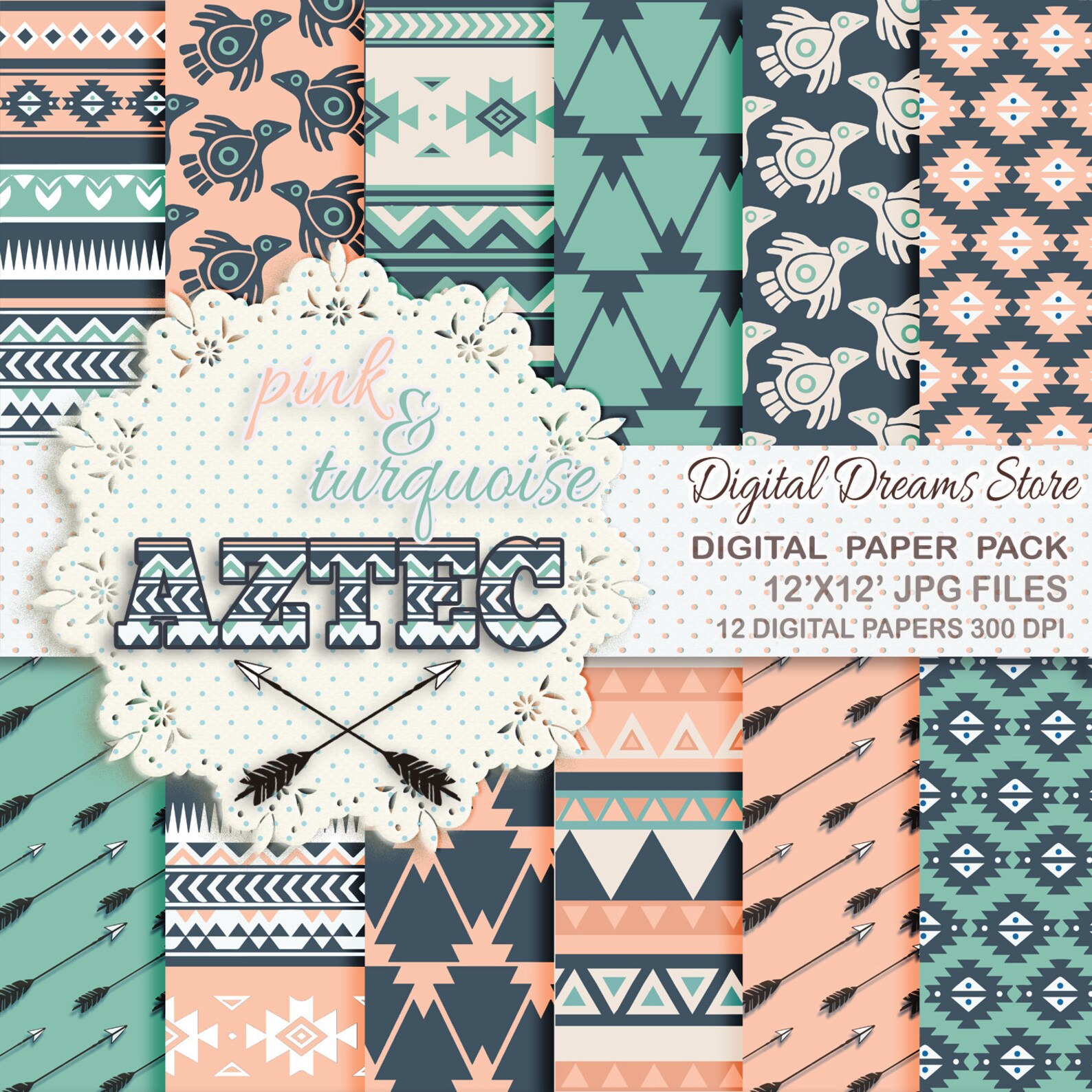 Aztec Digital Paper: "pink &TURQUOISE Aztec" Tribal Digital Paper ...