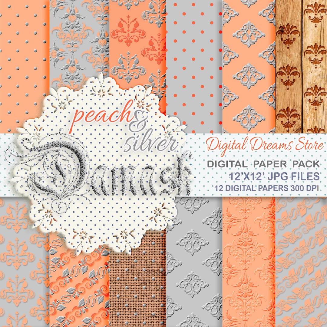 Damask Digital Paper: "peach and SILVER Damask" Damask Scrapbooking ...