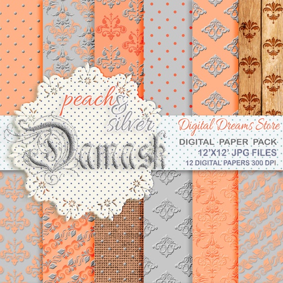 Damask Digital Paper: peach and SILVER Damask - Etsy