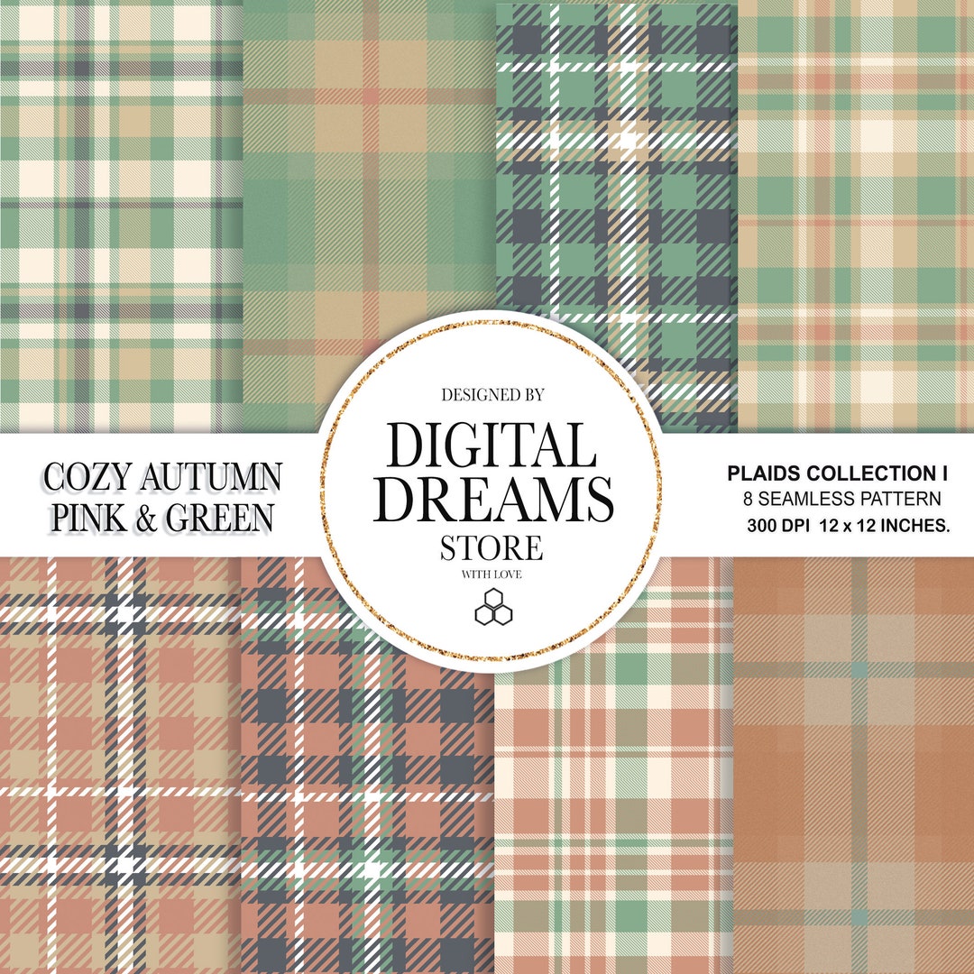 Autumn Plaid, Fall Digital Paper, Green and Pink Tartan, Seamless ...
