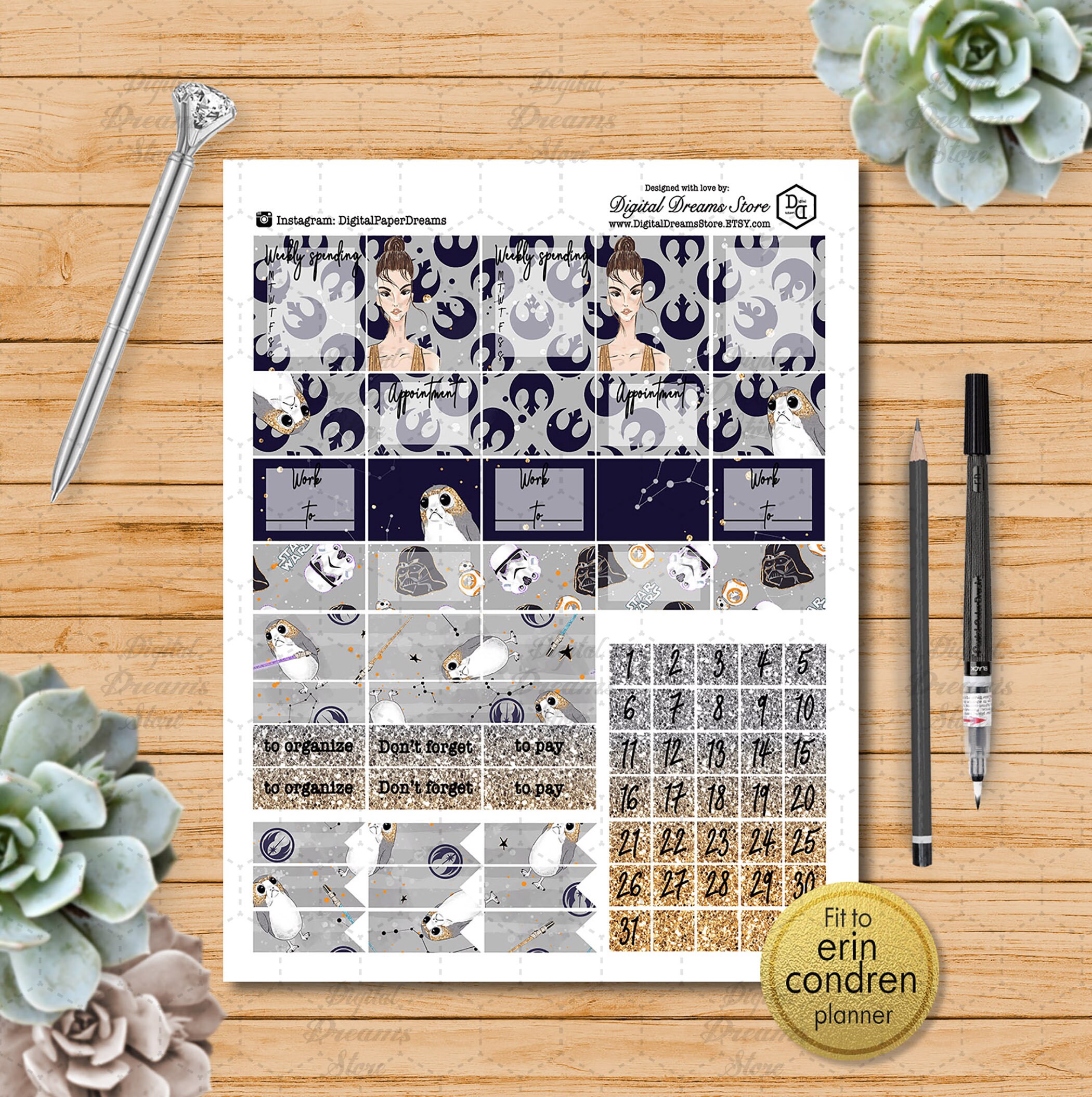 Printable STAR WARS Weekly Sticker Kit, Star Wars Planner Stickers Kit ...
