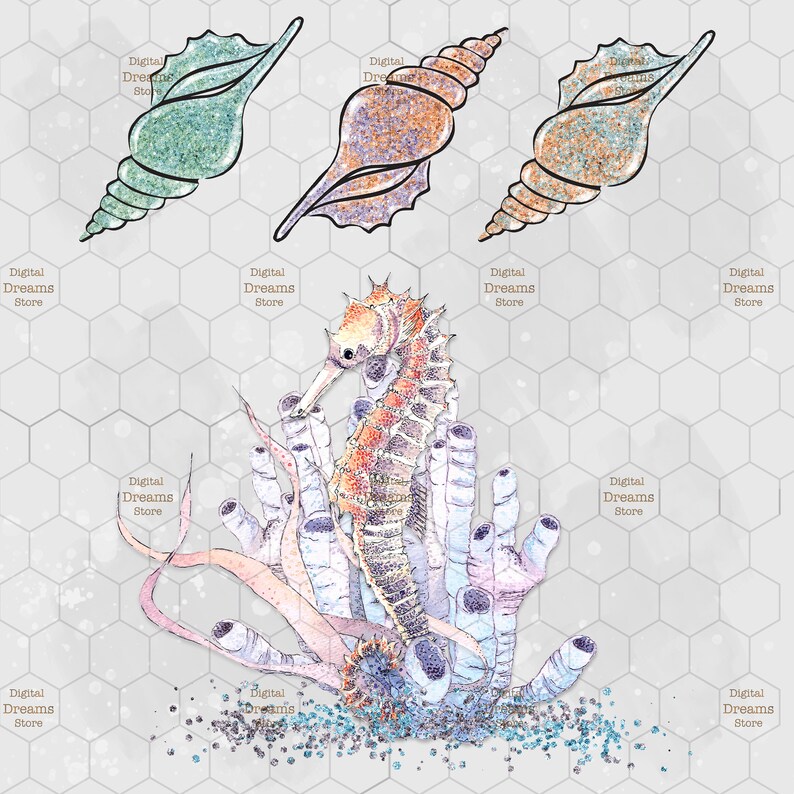 WATERCOLOR SEA CLIPART, Nautical Clipart, Seashells, Sea Horse, Coral ...