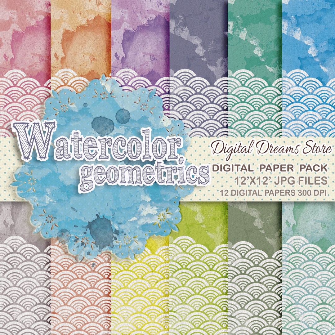Watercolor Digital Paper: "watercolor Geometrics" With Watercolor ...