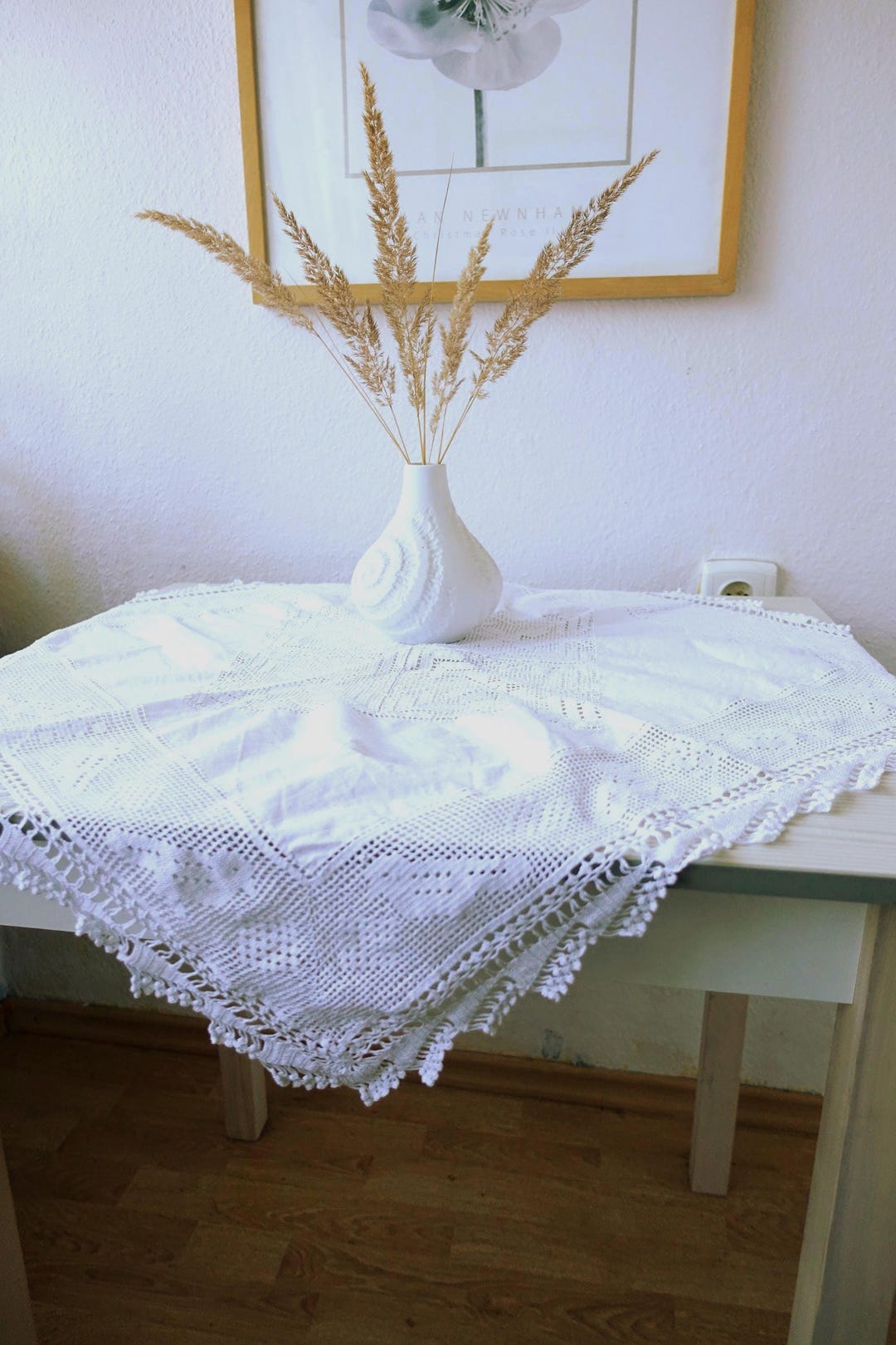 Antique 1920s French Embroidered 29.5" Square White Cotton Tablecloth ...