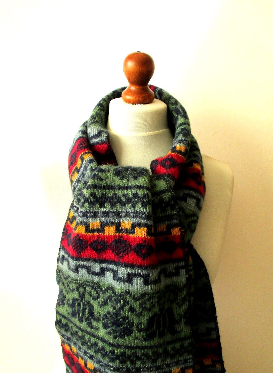 90s Vintage Patterned Wool Scarf Blue Pure New Wool Woolen Long Winter ...
