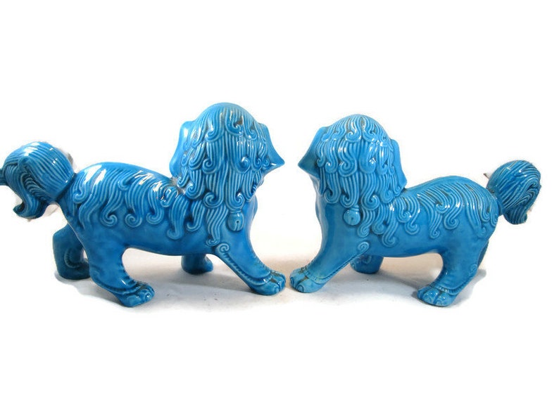 Pair of Turquoise Standing Blue Foo Dog Figurines Porcelain Finely ...