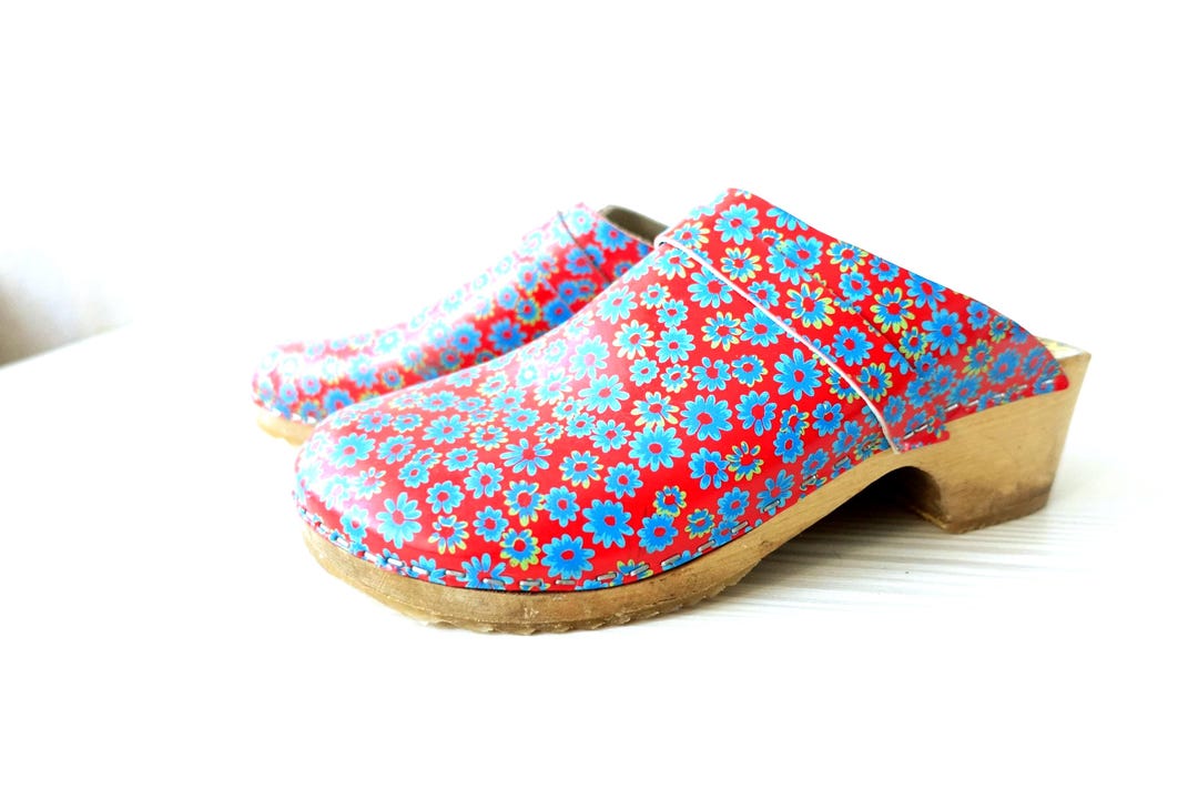 70s Platform Shoes Vintage Wooden Clog Red Blue Floral Leather Wood ...