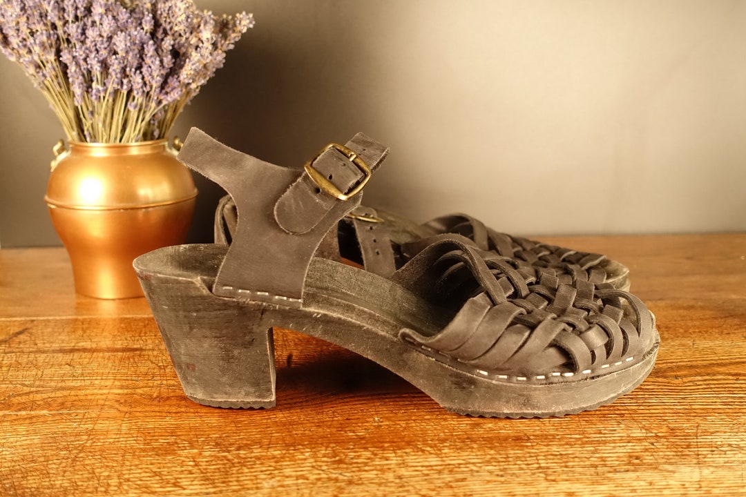 90s Vintage Platform Shoes OLD Wooden Clog Sandals Black Leather Wooden ...