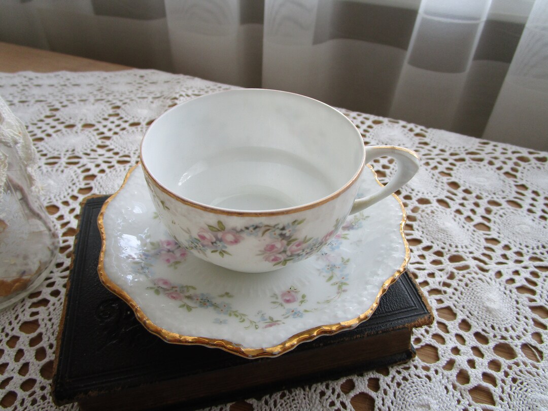 Antique SILESIA Fine Bone China Tea Cup and Saucer Set Vintage German Fine China Porcelain ...