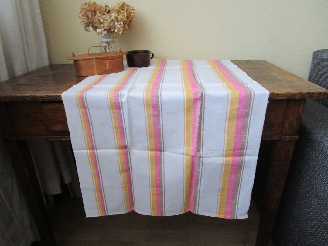 Vintage Woven Table Runner Soviet Vintage Table Linens White Yellow Pink Linen Small Table Cloth ...