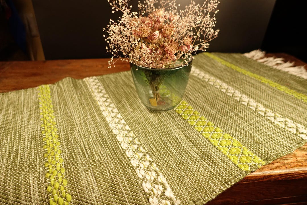 Vintage Swedish Rag Table Runner Green White Striped Long Rag Rug Woven ...