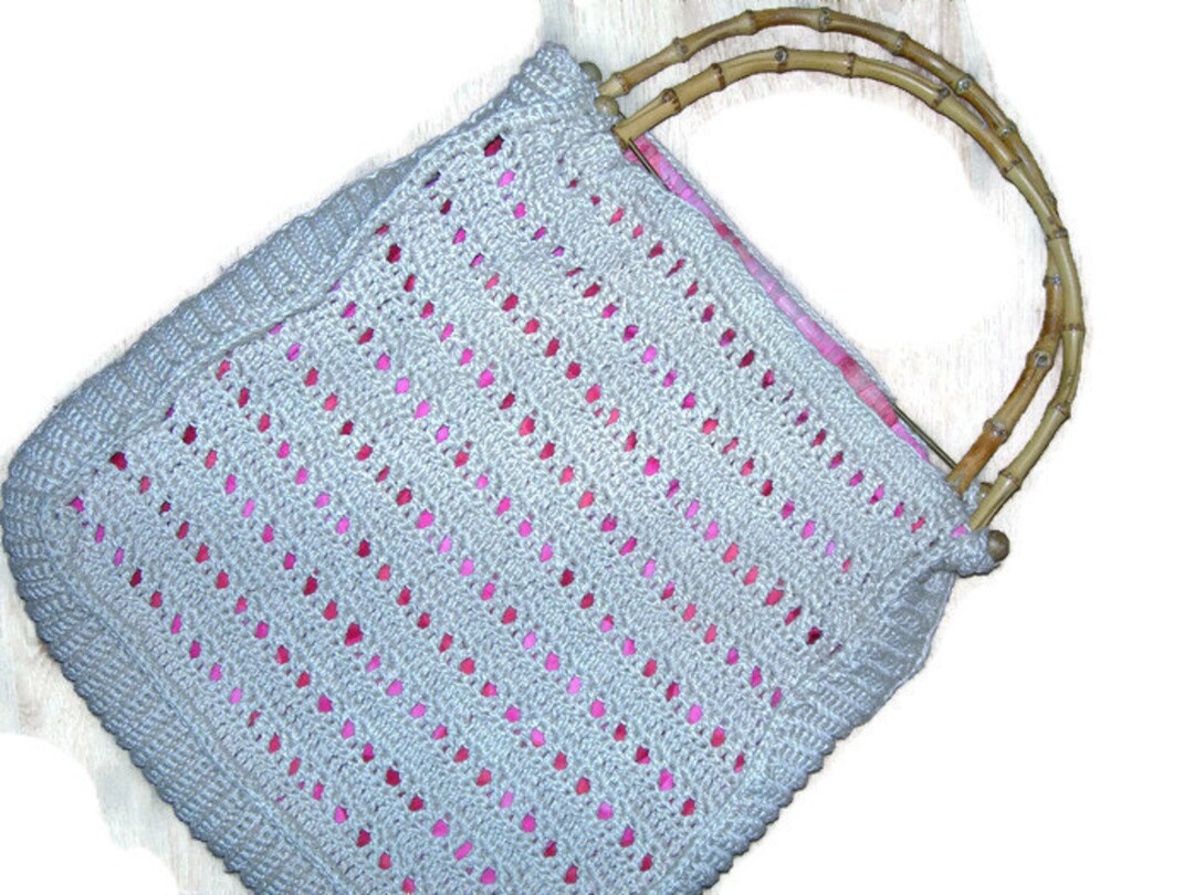 Vintage Crochet Tote Bag With Bamboo Handles Boho Bag Hippie Bag Gift ...
