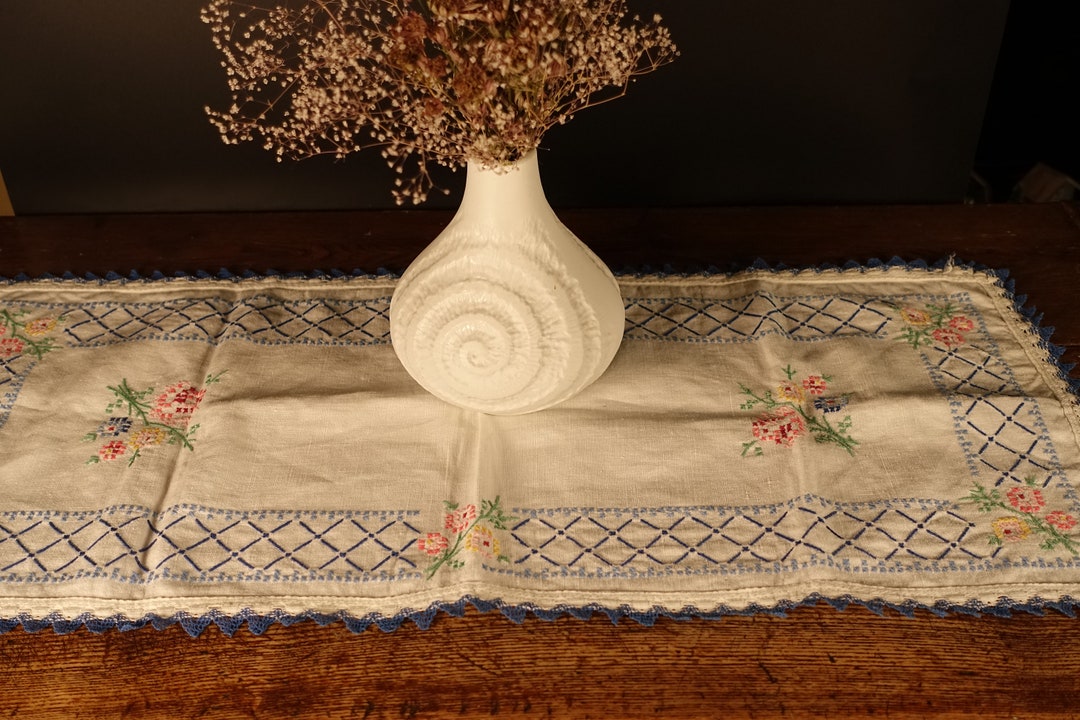 Vintage 50s Norwegian Hand Stitched Cotton Linen Table Runner 12.5" X ...