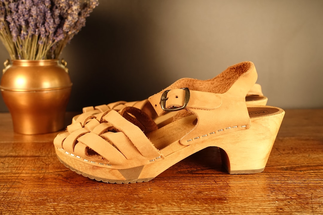 Platform Shoes Vintage Wooden Clog Sandals Tan Brown Leather Wooden ...