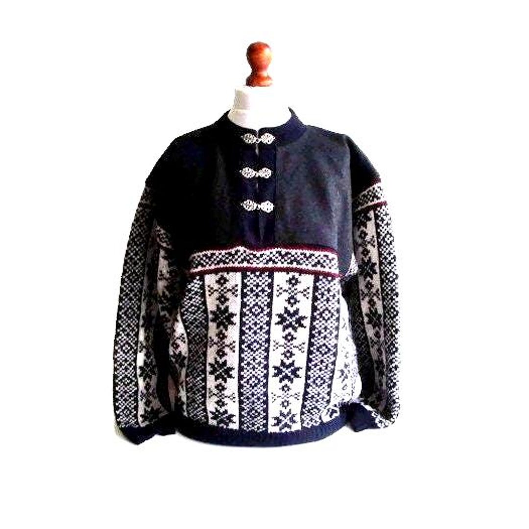 Vintage BOUVIAC Norwegian Sweater Nordic Wool Jumper Ski Sweater Navy ...