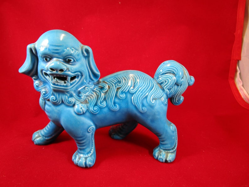 Pair of Turquoise Standing Blue Foo Dog Figurines Porcelain Finely ...