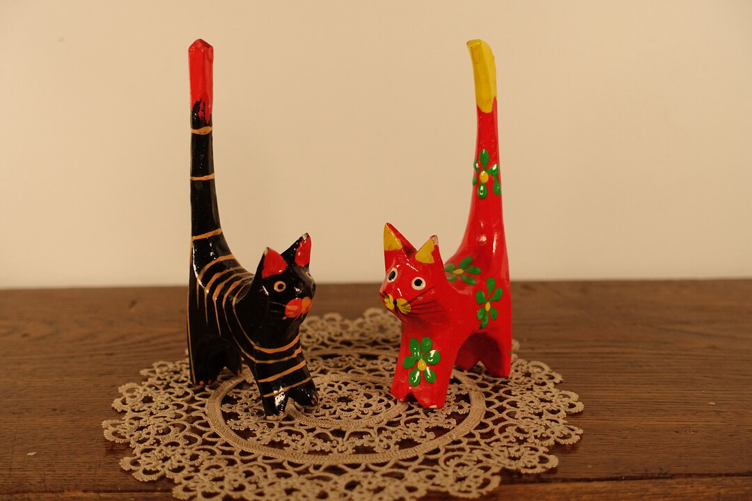Cute Red or Black Cat Figurine Wood Cat Wooden Figure Collectible ...