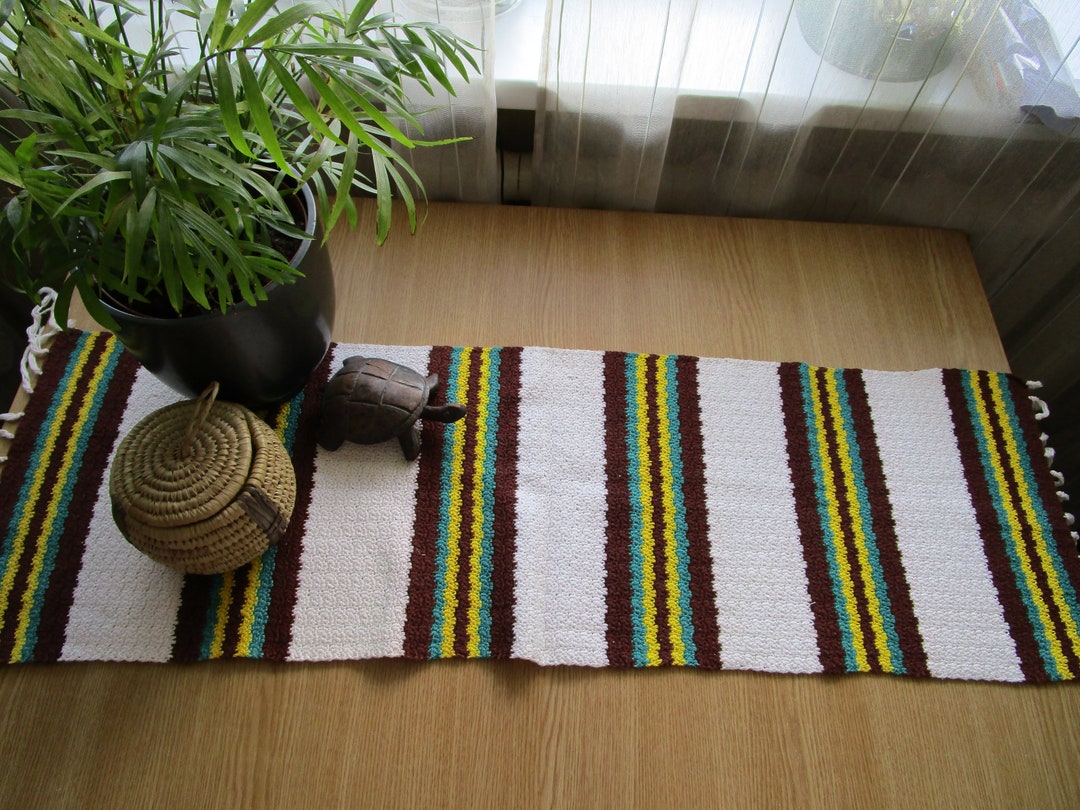 Swedish Vintage Table Runner Yellow White Brown Green Rug Rag Runner ...