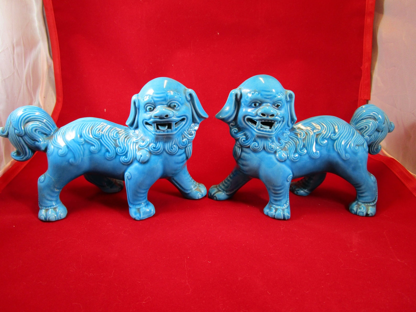 Pair of Turquoise Standing Blue Foo Dog Figurines Porcelain - Etsy