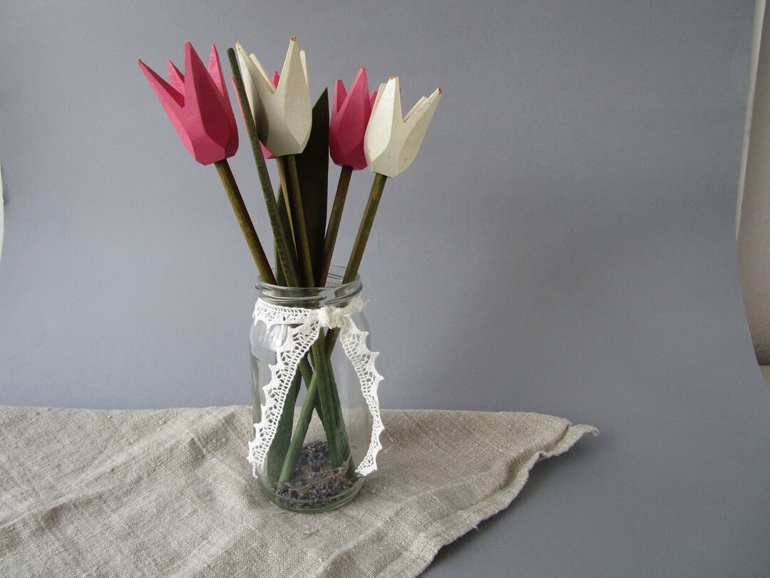 Swedish Vintage Handmade 3 Pink & 2 White Wooden Tulips Set - Etsy
