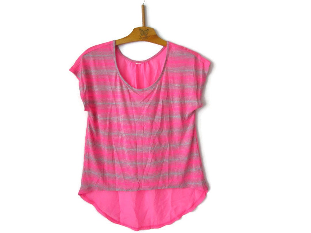 Neon Pink Top Pink T Shirt Woman 00s Vintage Striped Front Semi Sheer ...