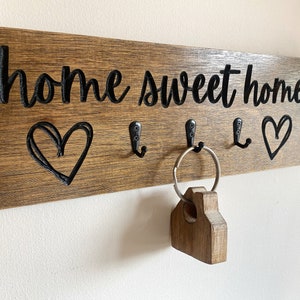 Personalised Key Hook | Home Sweet Home | Engraved Carved Wood | Hearts ...