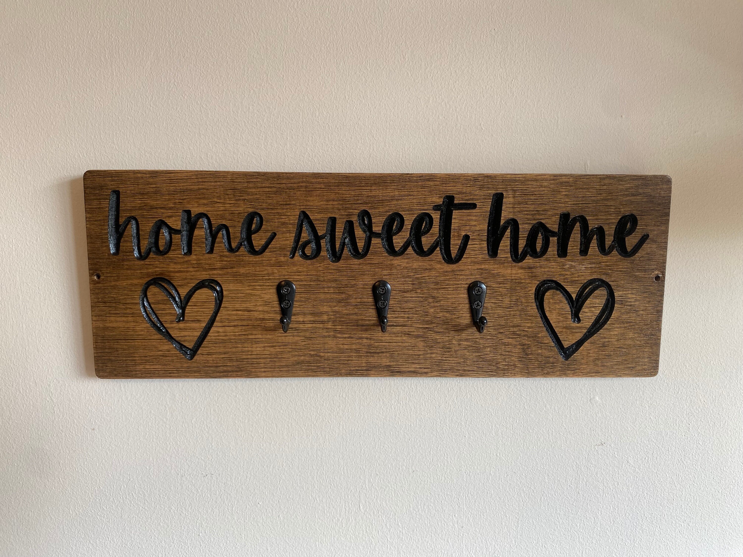 Personalised Key Hook | Home Sweet Home | Engraved Carved Wood | Hearts ...