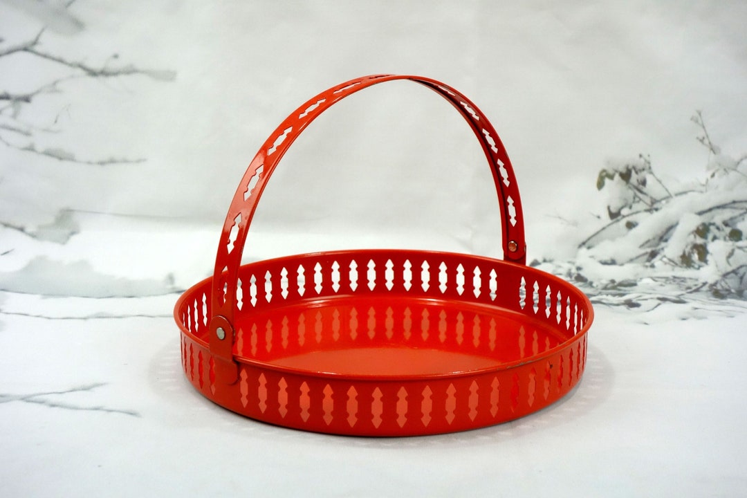 Swedish Red Metal Serving Tray With Swing Handle Vintage - Etsy
