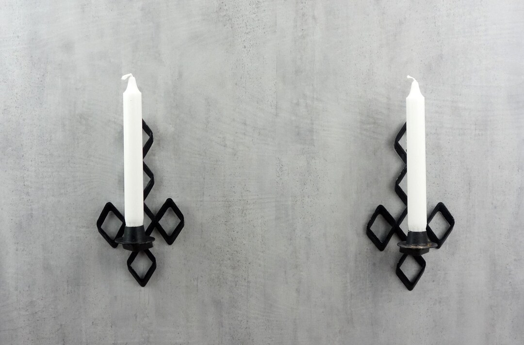Pair of Retro Black Iron Wall Sconces, Rustic Candle Holders, Vintage ...
