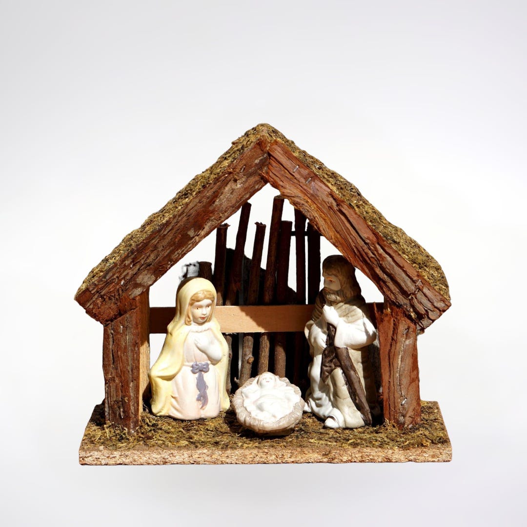 Wooden Nativity Scene With 3 Porcelain Figures| Nativity Set| Baby ...
