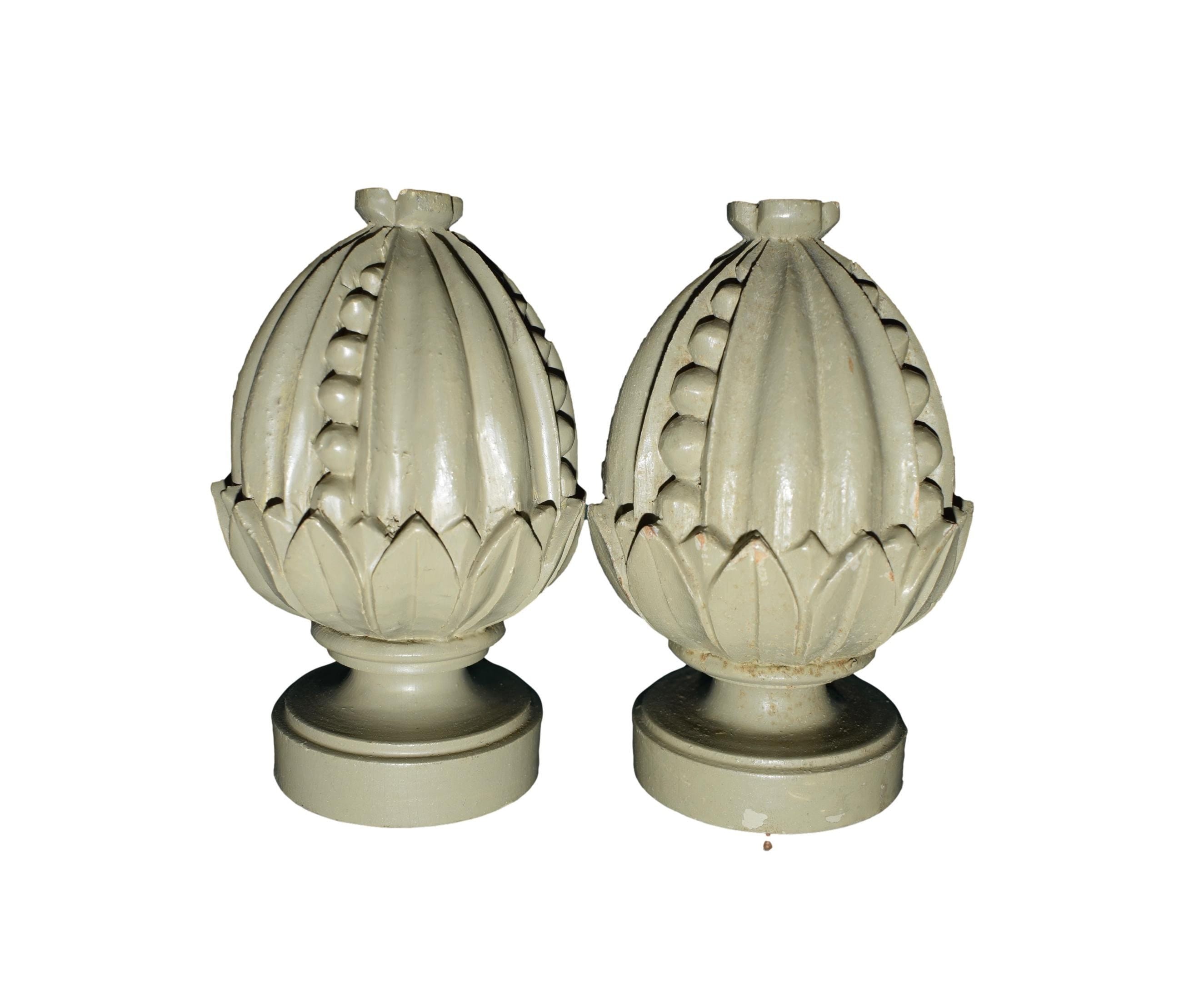 Gustavian Pair of Painted Wood Pineapple Finials, Bed Finials, Salvage Wood, Curtain Rod Finials ...